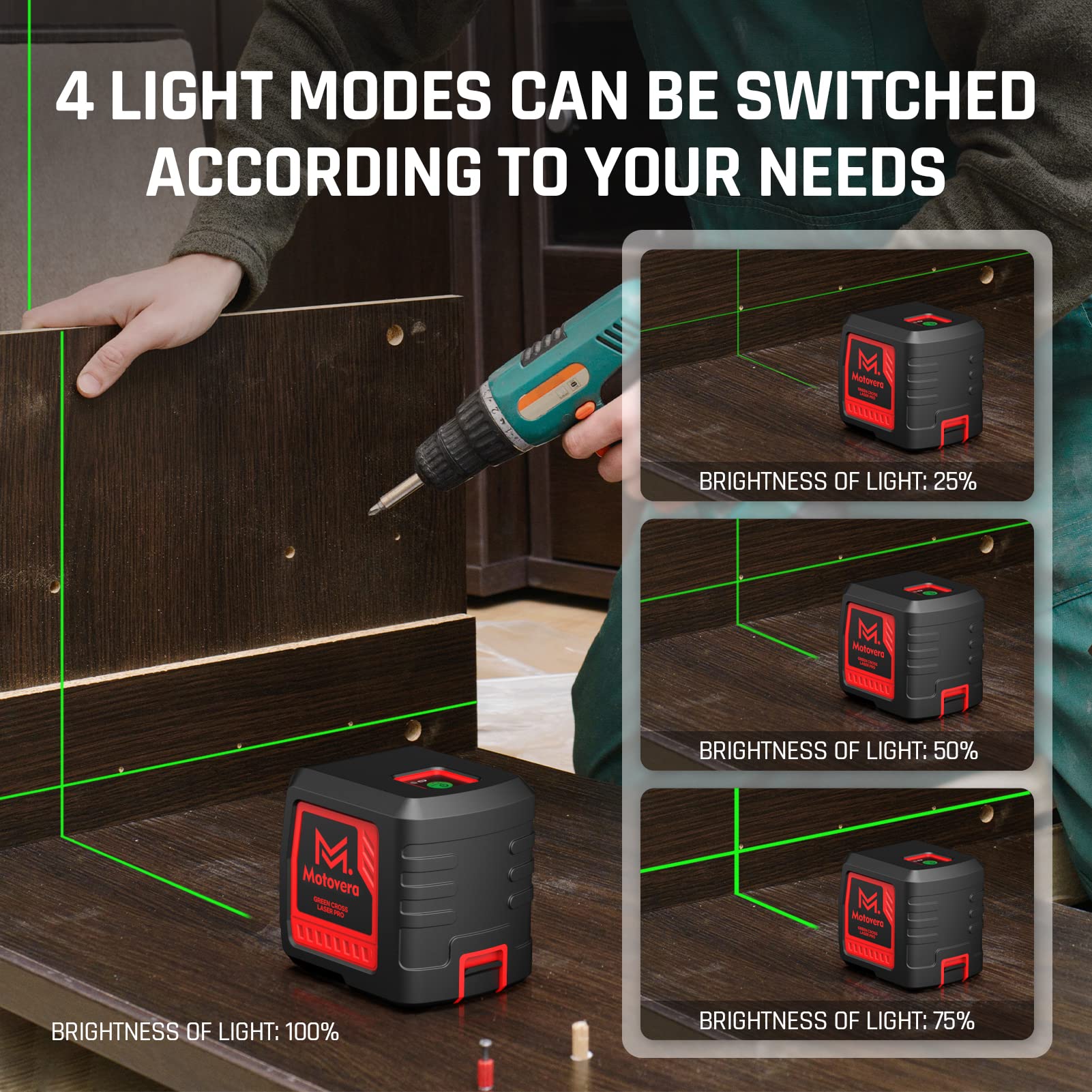 Motovera Laser Level, 100 feet Self Leveling Laser Level, Green Cross Line Self leveling, 4 Brightness Adjustment, Manual Self leveling and Pulse Mode, IP54 Waterproof Battery Carrying Bag Included