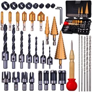 rocaris 39 pack woodworking chamfer drilling tools, including countersink drill bits, l-wrench, wood plug cutter, step drill bit, center punch, drill stop bit collar set, twist drill bit tool