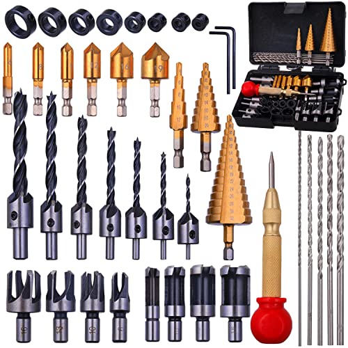 Rocaris 39 Pack Woodworking Chamfer Drilling Tools, Including Countersink Drill Bits, L-Wrench, Wood Plug Cutter, Step Drill Bit, Center Punch, Drill Stop Bit Collar Set, Twist Drill Bit Tool