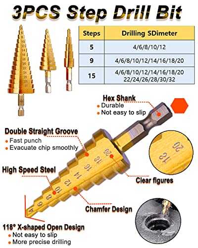 Rocaris 39 Pack Woodworking Chamfer Drilling Tools, Including Countersink Drill Bits, L-Wrench, Wood Plug Cutter, Step Drill Bit, Center Punch, Drill Stop Bit Collar Set, Twist Drill Bit Tool