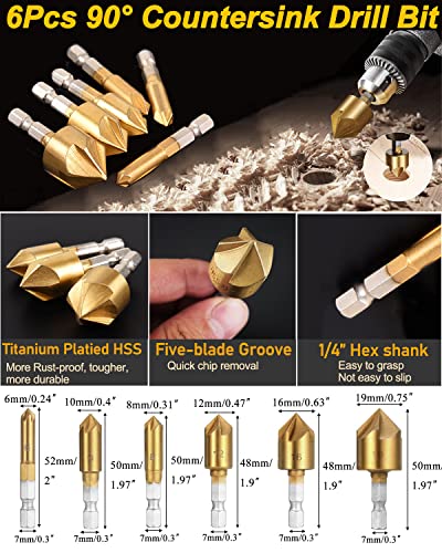 Rocaris 39 Pack Woodworking Chamfer Drilling Tools, Including Countersink Drill Bits, L-Wrench, Wood Plug Cutter, Step Drill Bit, Center Punch, Drill Stop Bit Collar Set, Twist Drill Bit Tool