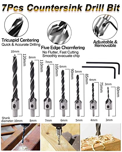 Rocaris 39 Pack Woodworking Chamfer Drilling Tools, Including Countersink Drill Bits, L-Wrench, Wood Plug Cutter, Step Drill Bit, Center Punch, Drill Stop Bit Collar Set, Twist Drill Bit Tool