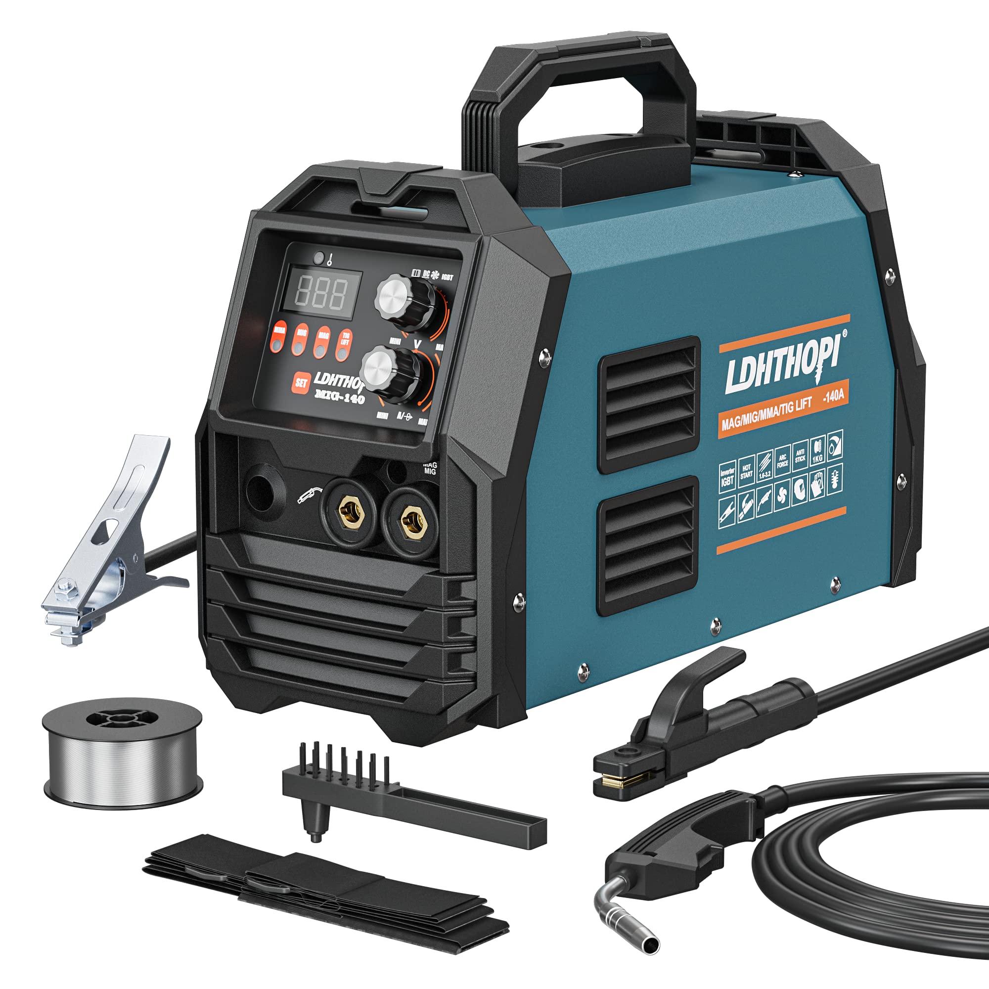 LDHTHOPI 140A MIG Welder, 4-in-1 Flux Core/Solid Wire/Lift TIG/Stick Welder, 110V Gas/Gasless Welder Machine for Home, Car, Yard, Workshop, Farm