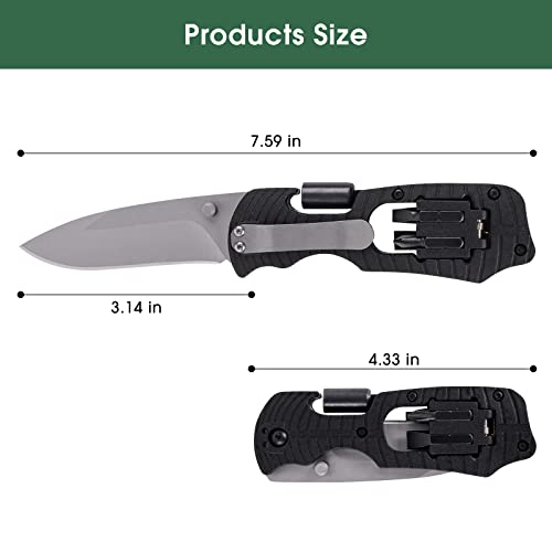 Folding Pocket Knife Multifunction Pocketknife with Clip,3.4-Inch 8Cr13MoV Stainless Steel Blade, Filled Nylon Handle, 1/4-Inch Hex Drive, 2 Flathead Bits and 2 Crosshead Bits for Outdoor, Camping, Hunting Men's Gift