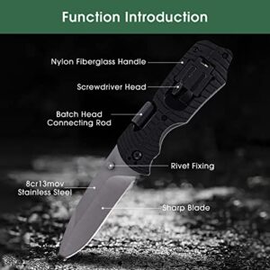 Folding Pocket Knife Multifunction Pocketknife with Clip,3.4-Inch 8Cr13MoV Stainless Steel Blade, Filled Nylon Handle, 1/4-Inch Hex Drive, 2 Flathead Bits and 2 Crosshead Bits for Outdoor, Camping, Hunting Men's Gift