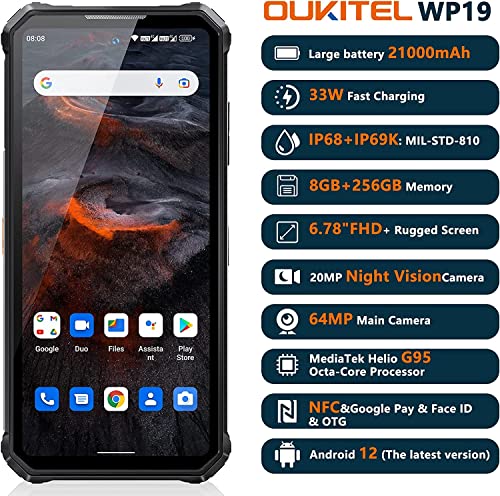 OUKITEL WP19 [21000mAh Battery] Rugged Smartphone Unlocked, 64MP Camera Night Vision Mobile Phones 8GB+256GB IP68 Waterproof Cellphone, Android 12 Cell Phone, 6.78" HD+ Dual SIM 4G Smartphones OTG/NFC