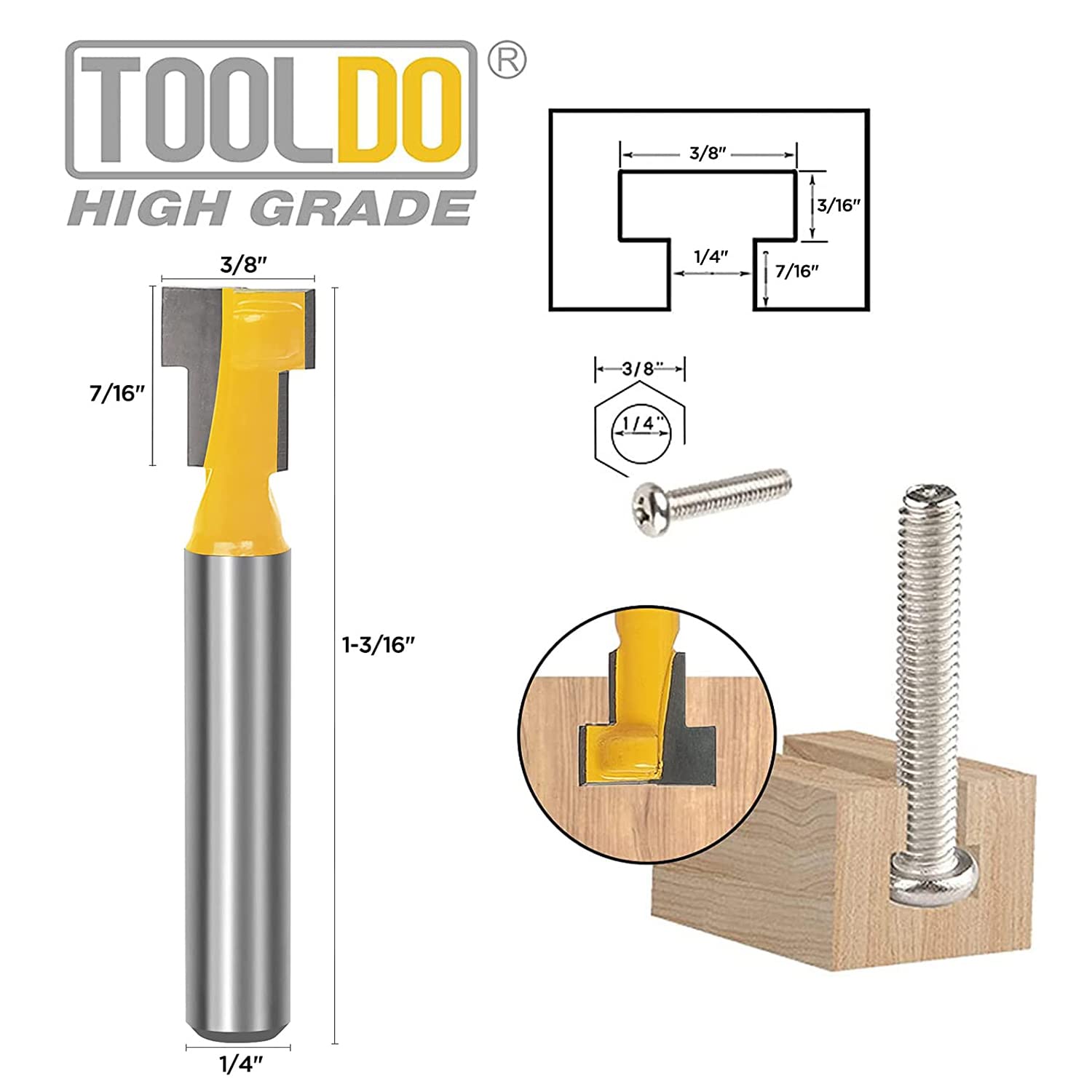 TOOLDO Keyhole Router Bit Set- 1/4 Inch Shank Router bits，5 pcs Router Bit Set 5/16&3/8 & 1/2 &5/8 &7/16 Inch Blade Diameter