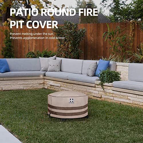 HAMLER Fire Pit Cover Round, Heavy Duty Fire Pit Covers Waterproof, Fire Table Cover Fits up to 28"D x 16"H, Brown & Beige