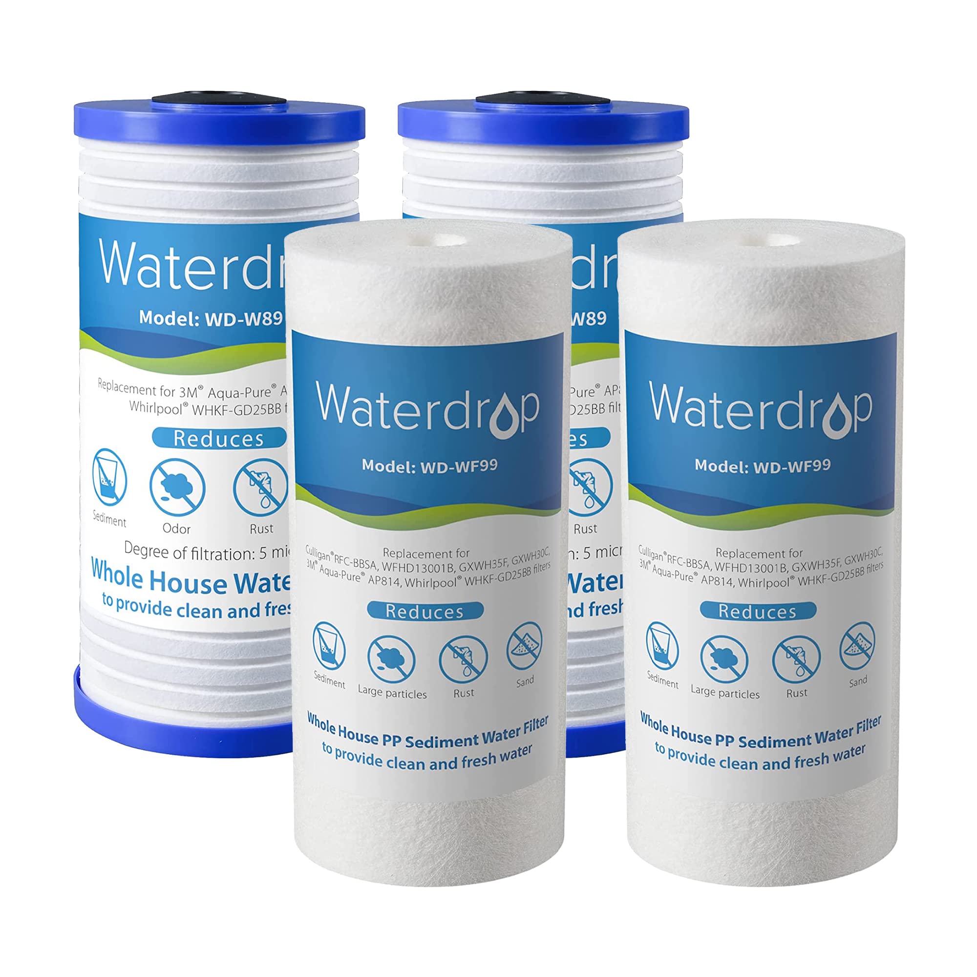 Waterdrop Whole House Water Filter, Replacement for 3M Aqua-Pure AP810, Whirlpool WHKF-GD25BB, GE GXWH40L, GXWH35F, Culligan RFC-BBSA, 5 Micron, 10" x 4.5", Well & Tap Water Filter, Pack of 4, Bundle