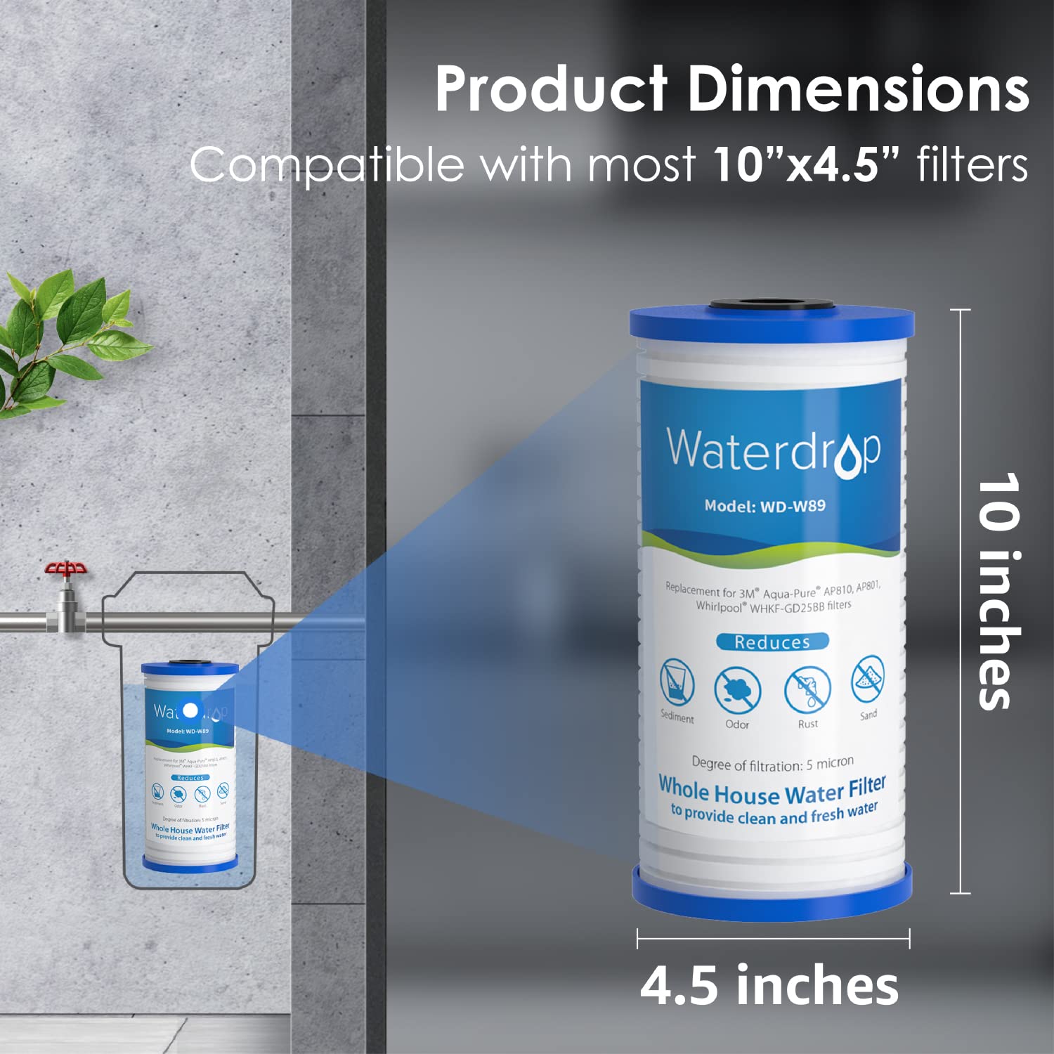 Waterdrop Whole House Water Filter, Replacement for 3M Aqua-Pure AP810, Whirlpool WHKF-GD25BB, GE GXWH40L, GXWH35F, Culligan RFC-BBSA, 5 Micron, 10" x 4.5", Well & Tap Water Filter, Pack of 4, Bundle