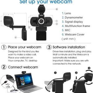 Necesa Webcam HD 1080P, Webcam with Microphone and Privacy Cover, Streaming Computer or Desktop Laptop USB Web Camera with 110 Big Black