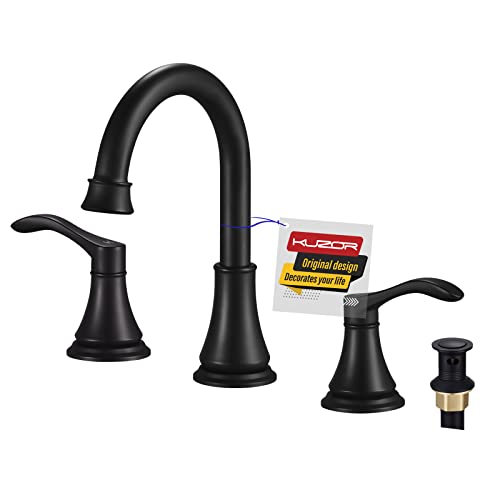 KUZOR 2 Handle 3 Hole 8 Inch Widespread Bathroom Faucets Matte Black Faucet for Bathroom Sink with Metal Pop Up Drain Assembly High Arc 360 Degree Swivel Spout