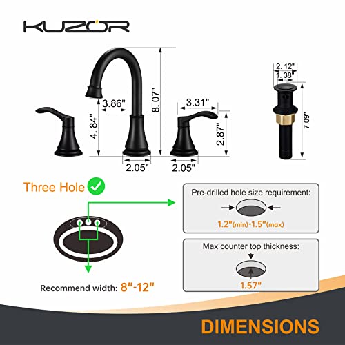 KUZOR 2 Handle 3 Hole 8 Inch Widespread Bathroom Faucets Matte Black Faucet for Bathroom Sink with Metal Pop Up Drain Assembly High Arc 360 Degree Swivel Spout