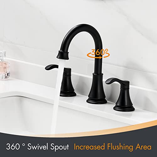 KUZOR 2 Handle 3 Hole 8 Inch Widespread Bathroom Faucets Matte Black Faucet for Bathroom Sink with Metal Pop Up Drain Assembly High Arc 360 Degree Swivel Spout