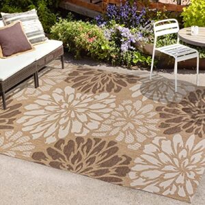 jonathan y smb110i-3 zinnia modern floral textured weave indoor outdoor area-rug, bohemian coastal mediterranean easy-cleaning,bedroom,kitchen,backyard,patio,non shedding, 3 x 5, brown/cream