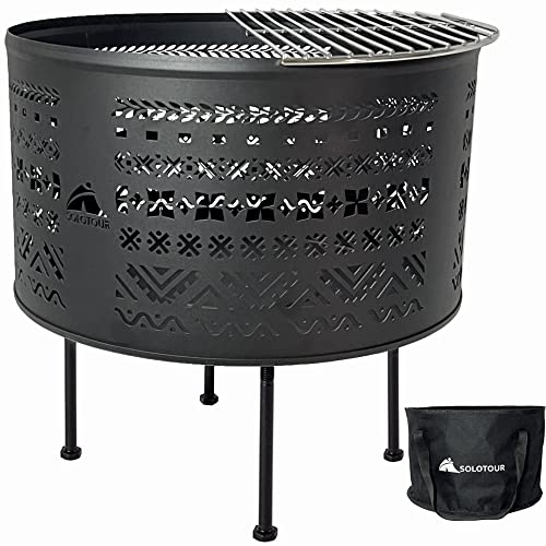 solotour Portable Camping Fire Pit with Grill,Wood Burning Outdoor Bonfire Fireplace |13.7x13.9 Inch with Carrying Bag