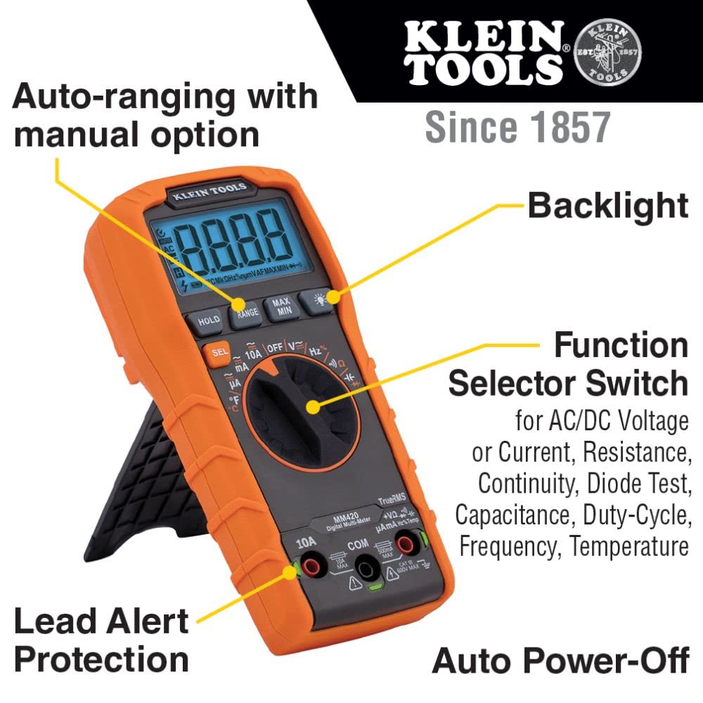 Klein Tools MM420 Digital Multimeter, Auto-Ranging TRMS Multimeter, 600V AC/DC Voltage, 10A AC/DC Current, 50 MOhms Resistance