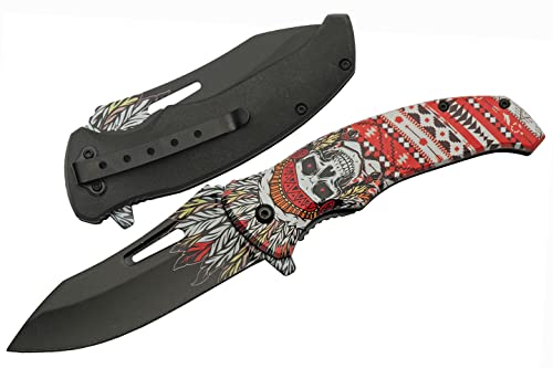 SZCO Supplies 8.5” Red Feather Skull Liner Lock EDC Folding Knife With Pocket Clip