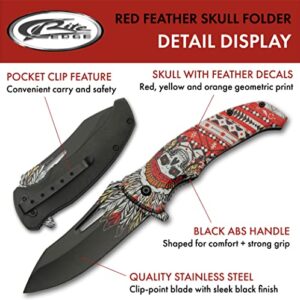 SZCO Supplies 8.5” Red Feather Skull Liner Lock EDC Folding Knife With Pocket Clip