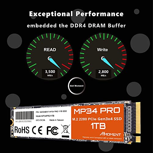 MMOMENT MP34 PRO 1TB PCIe Gen3 NVMe M.2 2280 Internal Solid State Drive, Gen3.0X4, Read Speed up to 3500MB/s, for Laptop, Desktop and Gaming