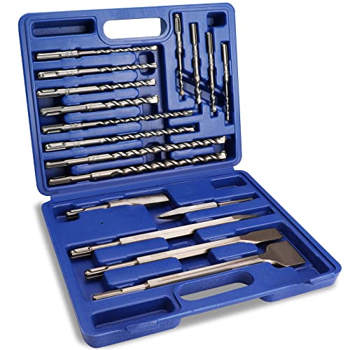 WORKPRO 17-Piece SDS-Plus Rotary Hammer Drill Bits and Chisel Set, Carbide-Tipped Masonry Drill Bits and Chisels for Concrete, Stone, Brick, with Storage Case