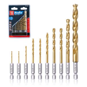 highfire 10 pieces hex shank drill bit set for impact driver, hss twist titanium drill bits for metal, hex drive quick change drill bits set