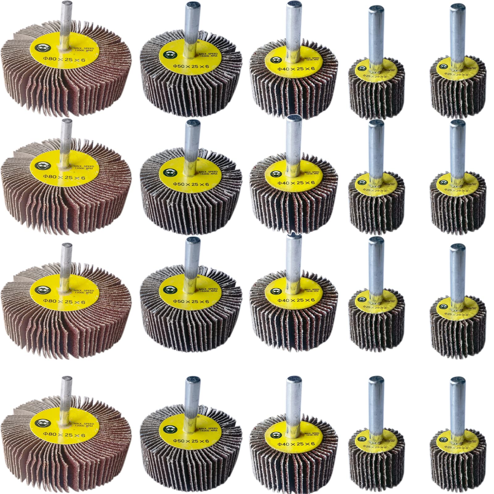 Tonmp 20 Pack 4 Sizes (1"/1.5"/2"/3") 1/4" Abrasive Flap Wheel Sander Set - 40/60/80/120 Grits Mounted Flap Wheels, Aluminum Oxide Sanding Flap Wheel Sander for Removing Rust and Polishing