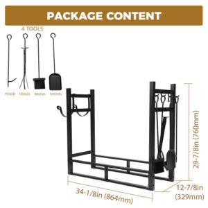 HECASA 33 Inch Firewood Rack w/Kindling Holder Include Shovel Poker Tongs Brush Heavy Duty Steel Indoor Outdoor Fireplace Log Rack