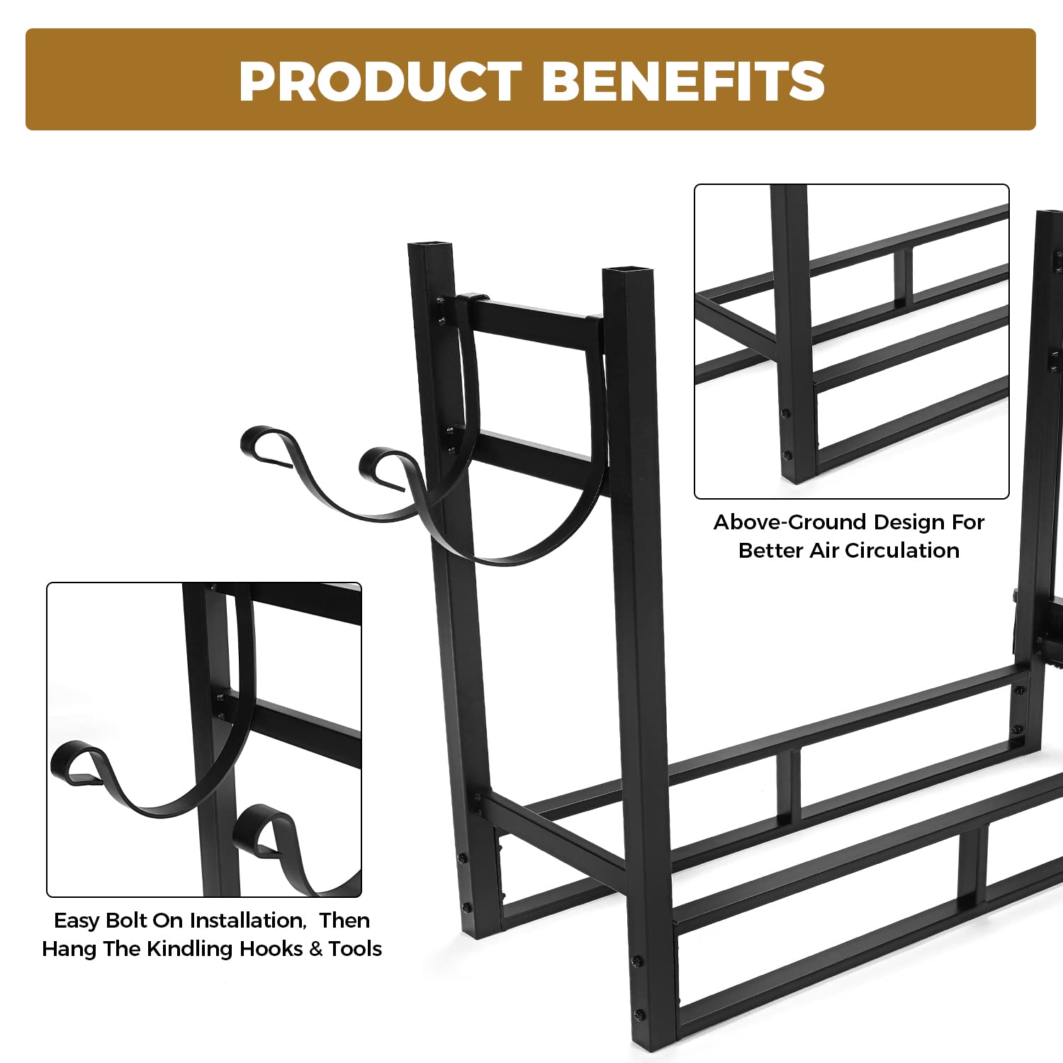 HECASA 33 Inch Firewood Rack w/Kindling Holder Include Shovel Poker Tongs Brush Heavy Duty Steel Indoor Outdoor Fireplace Log Rack