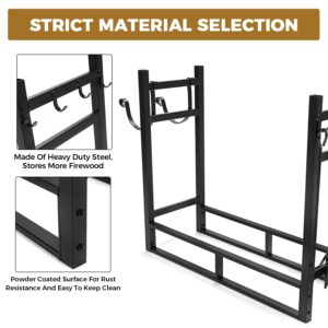 HECASA 33 Inch Firewood Rack w/Kindling Holder Include Shovel Poker Tongs Brush Heavy Duty Steel Indoor Outdoor Fireplace Log Rack