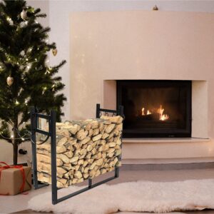 HECASA 33 Inch Firewood Rack w/Kindling Holder Include Shovel Poker Tongs Brush Heavy Duty Steel Indoor Outdoor Fireplace Log Rack