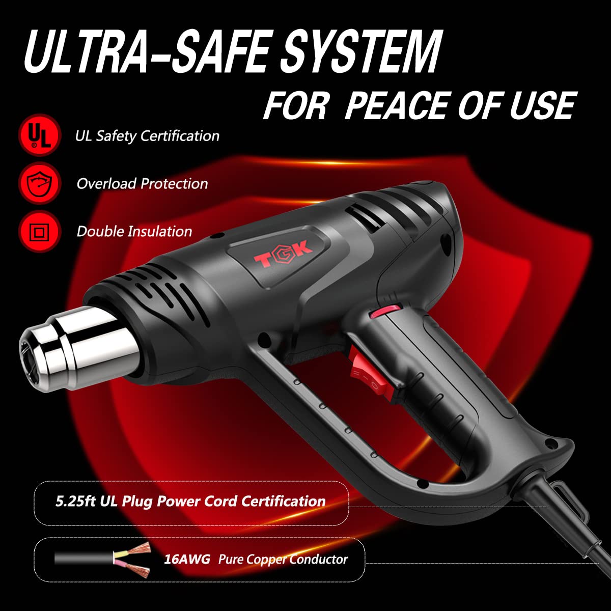 Heat Gun, TGK® 1800W Heavy Duty Hot Air Gun Kit 122℉~1202℉ Dual Temperature Settings with 6 Nozzle Attachments Overload Protection for Crafts, Shrink Wrapping/Tubing, Paint Removing, Epoxy Resin