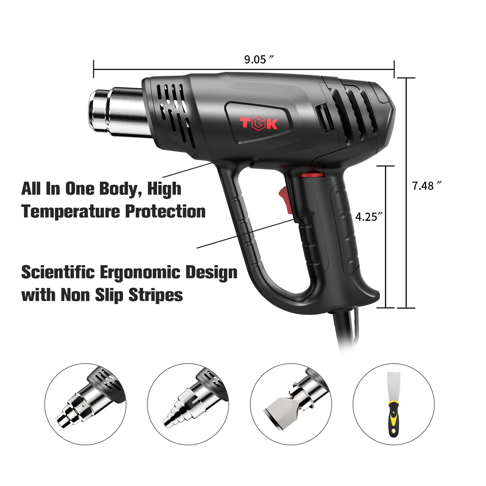 Heat Gun, TGK® 1800W Heavy Duty Hot Air Gun Kit 122℉~1202℉ Dual Temperature Settings with 6 Nozzle Attachments Overload Protection for Crafts, Shrink Wrapping/Tubing, Paint Removing, Epoxy Resin