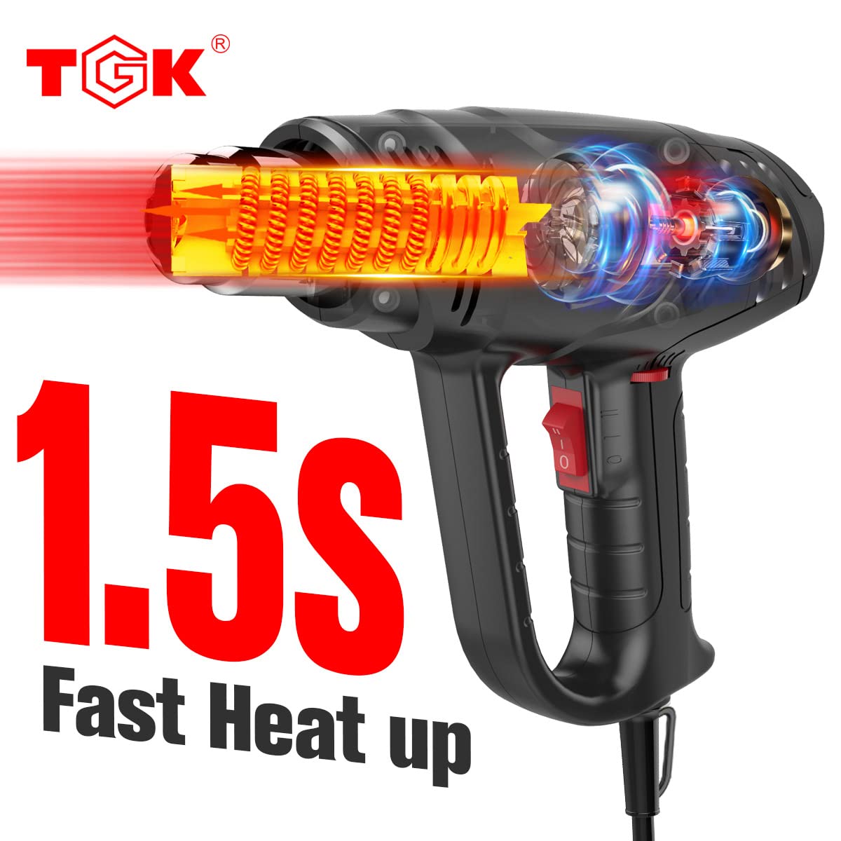 Heat Gun, TGK® 1800W Heavy Duty Hot Air Gun Kit 122℉~1202℉ Dual Temperature Settings with 6 Nozzle Attachments Overload Protection for Crafts, Shrink Wrapping/Tubing, Paint Removing, Epoxy Resin