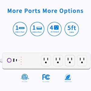 Surge Protector Power Strip, USB Power Strip, 4 Wide AC Outlets 4 USB, Overload Protection, PD65WUSB-C Power Strip with 5ft Extension Cord, 1700J, Home Office Desktop Charging Station ETL Certified