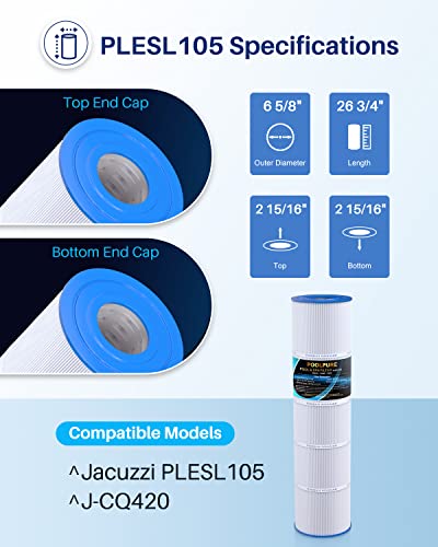 POOLPURE PLESL105 Pool Filter Replace OPT-420-4PK, Jacuzzi PLESL105, J-CQ420, QL105 Filter Cartridges 4PACK