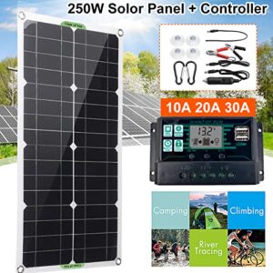 Solar Panel Kit, 250W Fully Waterproof Monocrystalline PV Module Solar Panel Starter Kit with 10A 12V 24V PWM Charge Controller Dual USB Ports, Solar Panel Battery Maintainer for Home Camping Boat RV