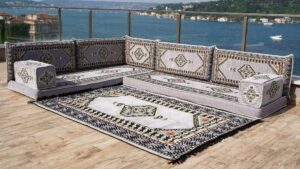 gray l shaped pallet cushions, arabic floor sofa set, oriental floor seating, sectional floor cushion, indoor floor pillows, arabic majlis set, sofa bed (l sofa + rug, 4'' thickness (10 cm))