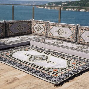 Gray L Shaped Pallet Cushions, Arabic Floor Sofa Set, Oriental Floor Seating, Sectional Floor Cushion, Indoor Floor Pillows, Arabic Majlis Set, Sofa Bed (L Sofa + Rug, 4'' Thickness (10 cm))