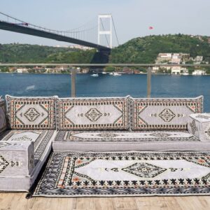 Gray L Shaped Pallet Cushions, Arabic Floor Sofa Set, Oriental Floor Seating, Sectional Floor Cushion, Indoor Floor Pillows, Arabic Majlis Set, Sofa Bed (L Sofa + Rug, 4'' Thickness (10 cm))