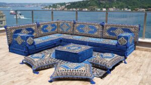 royal blue l shaped arabic sofa set, floor sofa seating set, oriental floor seating, floor cushions, arabic lounge, arabic majlis, arabic jalsa (l sofa full set, 8'' thickness (20 cm))