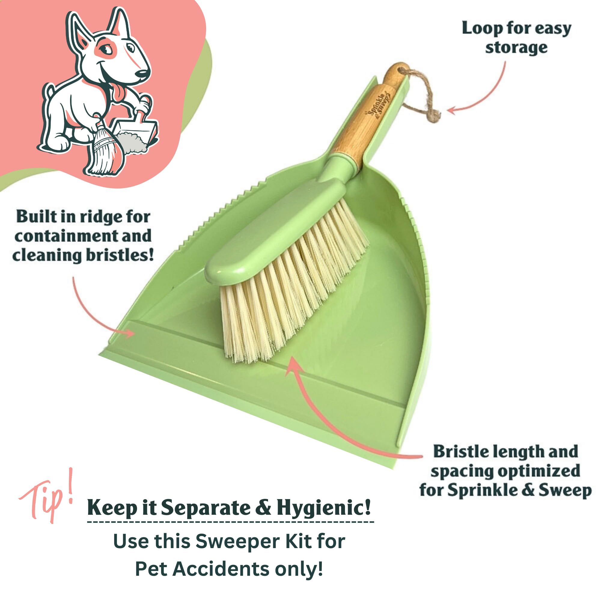 Sprinkle & Sweep Hand Broom and Dustpan Set - Small Dust Pan & Handheld Brush with Bamboo Handle - Cleaning Tools for Home, Car, or Indoor Pet Care