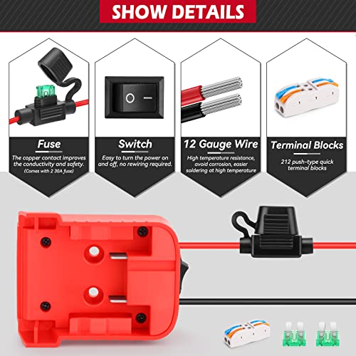 Ecarke 1 Pcs Upgrade for Power Wheels Adapter for Milwaukee M18 Battery 18v DIY Battery Dock Power Connector for RC Toy Car Truck 12 Gauge Robotic（with Wire Terminals & 30A Fuse & Switch）