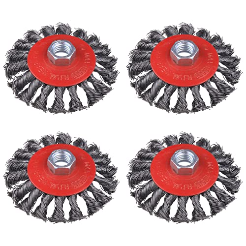 WENORA 4 Pack 4 Inch Twist Knotted Wire Wheel Brush for Angle Grinder with 5/8 Inch-11 Threaded Arbor, for Heavy-Duty Conditioning for Various Metals