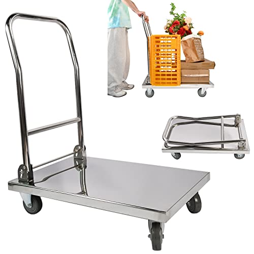 lesolar Push Cart Dolly 800lbs Folding Platform Truck Cart 32"x20" Heavy Duty Moving Platform Hand Truck Stainless Steel Foldable Moving Flatbed Dolly Cart with 360 Degree Swivel Wheels