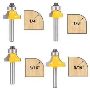 Roundover Router bit Set by TOOLDO ，1/4 inch Shank,4pcs Router bit Set，Bearing Guide for Rounding Edge bit (for R 1/8", 1/4", 3/16", 5/16")