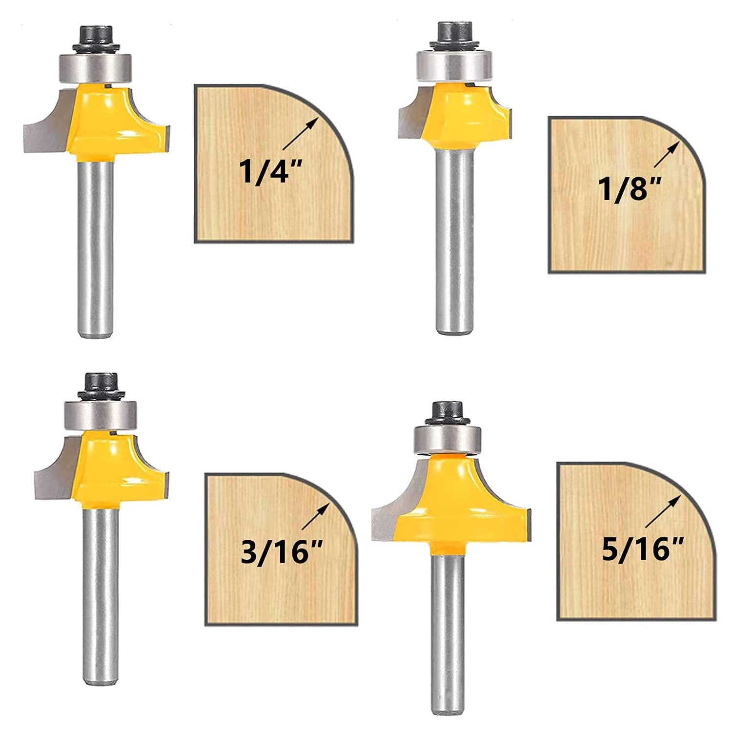 Roundover Router bit Set by TOOLDO ，1/4 inch Shank,4pcs Router bit Set，Bearing Guide for Rounding Edge bit (for R 1/8", 1/4", 3/16", 5/16")