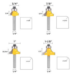 Roundover Router bit Set by TOOLDO ，1/4 inch Shank,4pcs Router bit Set，Bearing Guide for Rounding Edge bit (for R 1/8", 1/4", 3/16", 5/16")