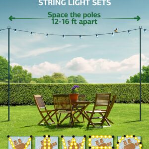 BACKYARD THERAPY Outdoor String Light Poles - 9ft Pole for Hanging Lights Outside - Galvanized & Powder Coated - Secure Ground Grip Stand - Garden, Deck, or Patio Area Lighting (2-Pack)