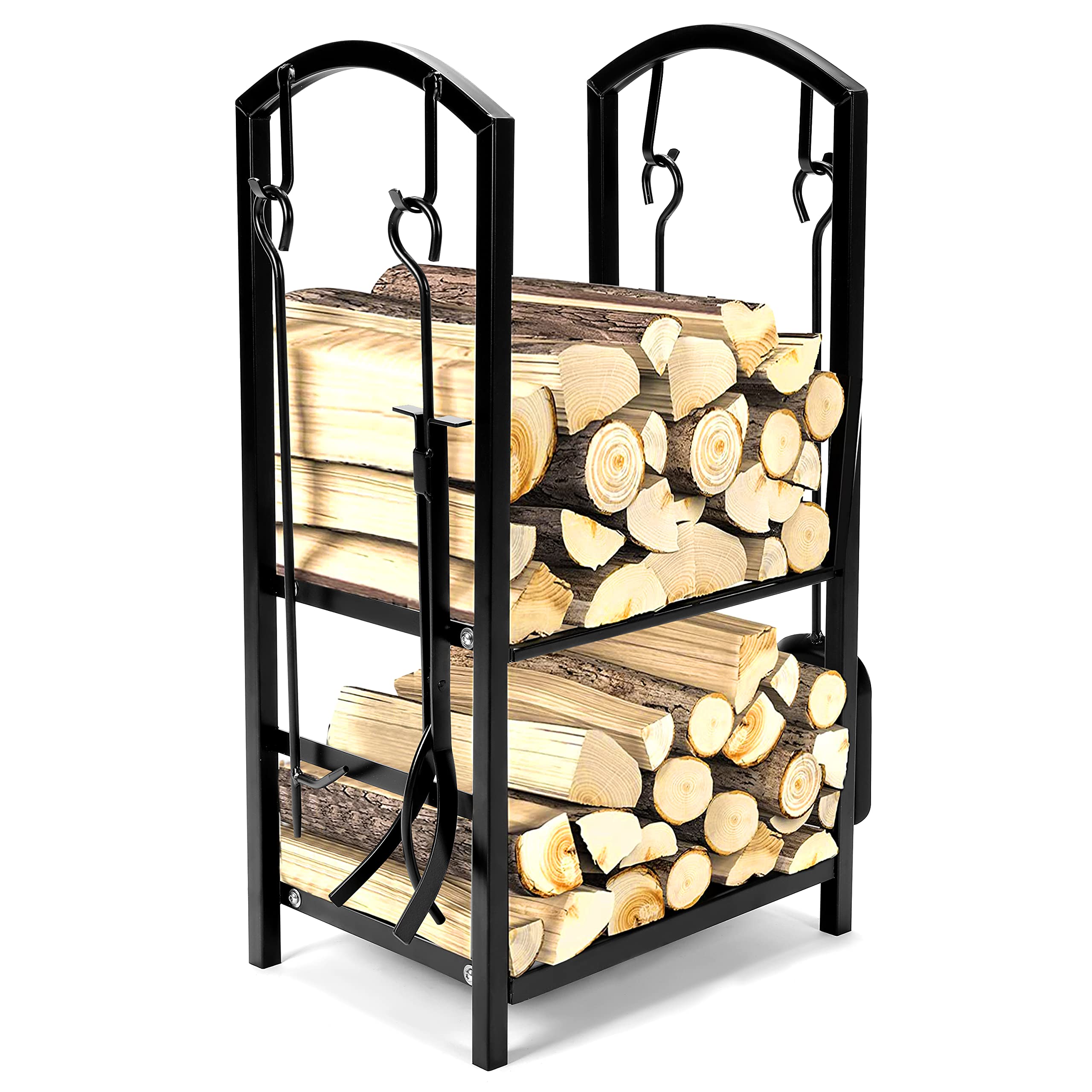 HECASA 29" Firewood Log Rack with 4 Fire Place Tools Fireplace Tool Rack Indoor Outer Wood Holders Firewood Storage Rack with Poker Hook Shovel Duster